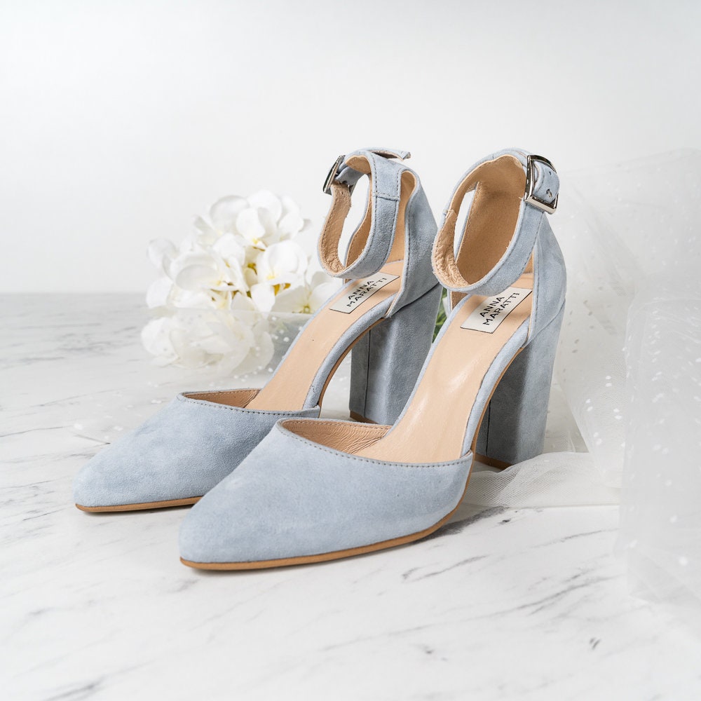 Grace Leather Block Heelswedding Shoesblue Block - Etsy
