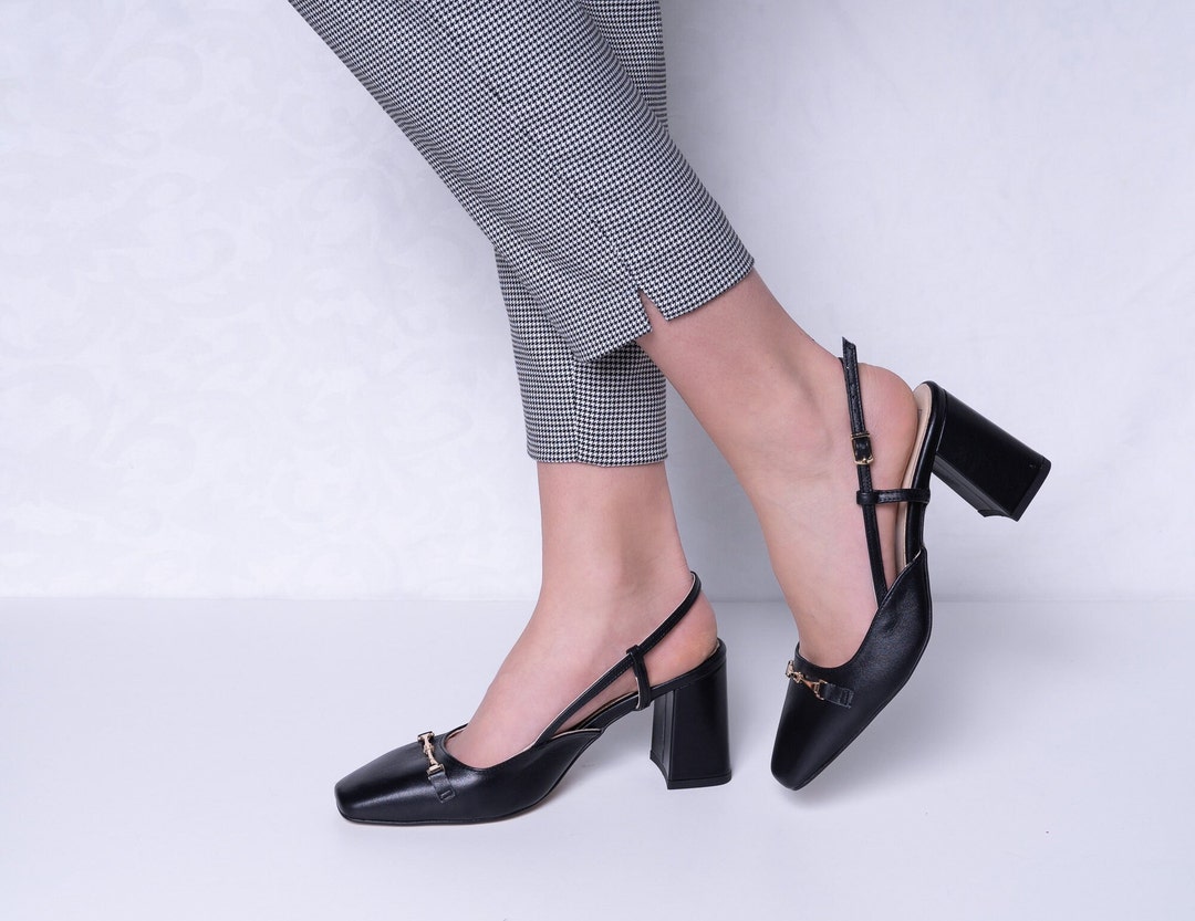 Layla - Leather Black Heels,round Toe Pumps,black Block Heels,black ...