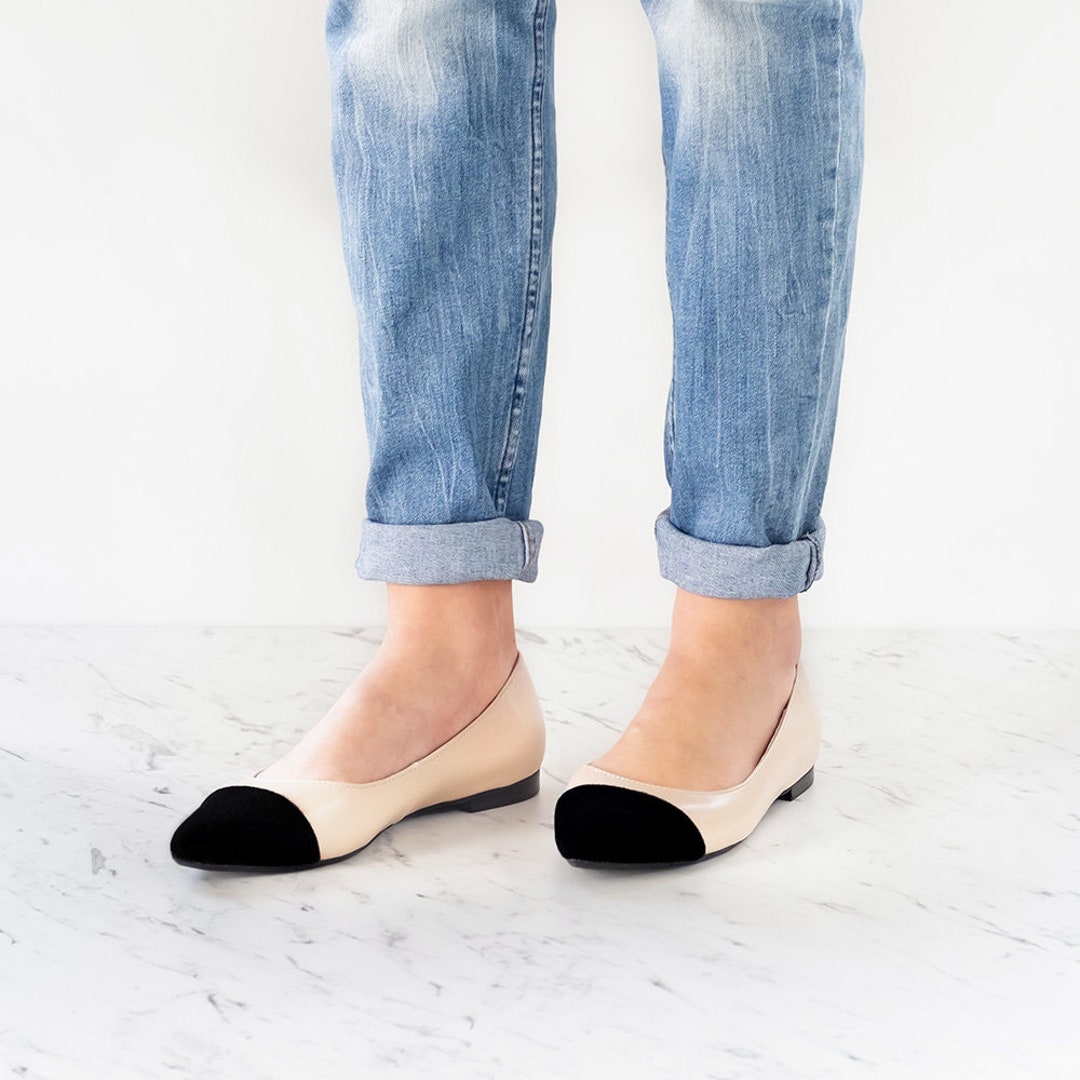 Tilla - Leather Two-tone Flats,beige With Black Shoes,black Toe Shoes ...