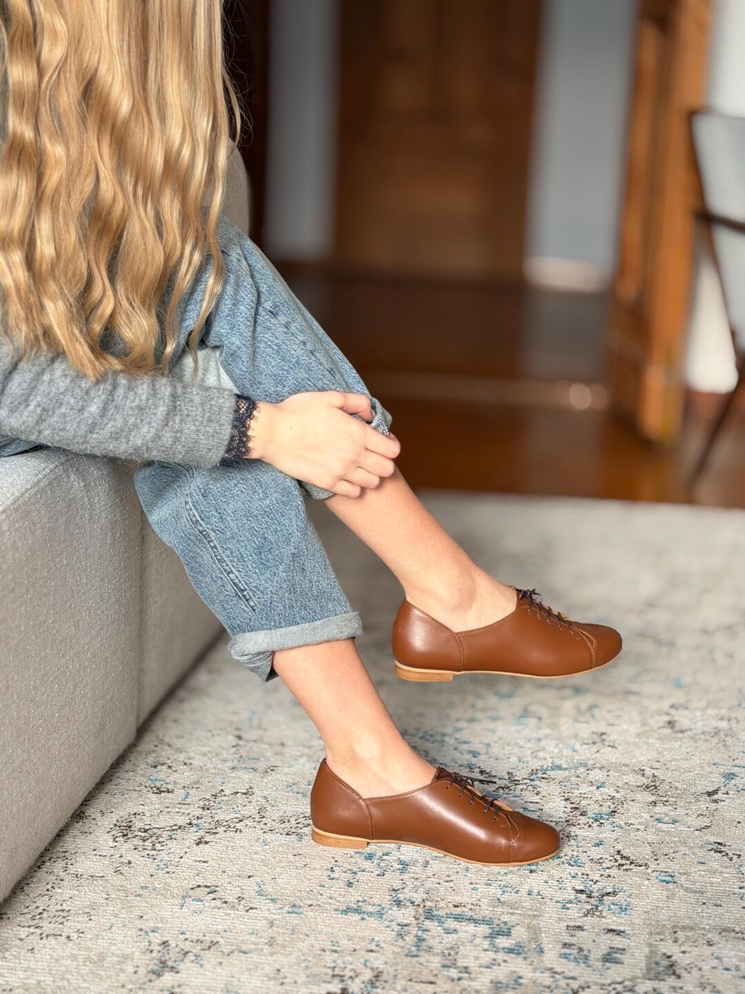 Coco - Cognac Leather Women Oxfords,women Flat Lace up Shoes,black ...