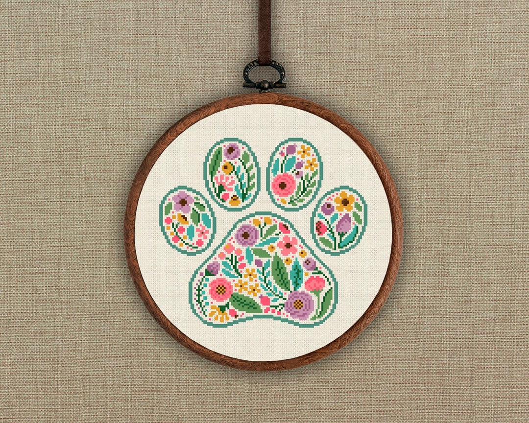 Floral Paw Print Cross Stitch Pattern: Pet Lover Decor (PDF Pattern) - Etsy