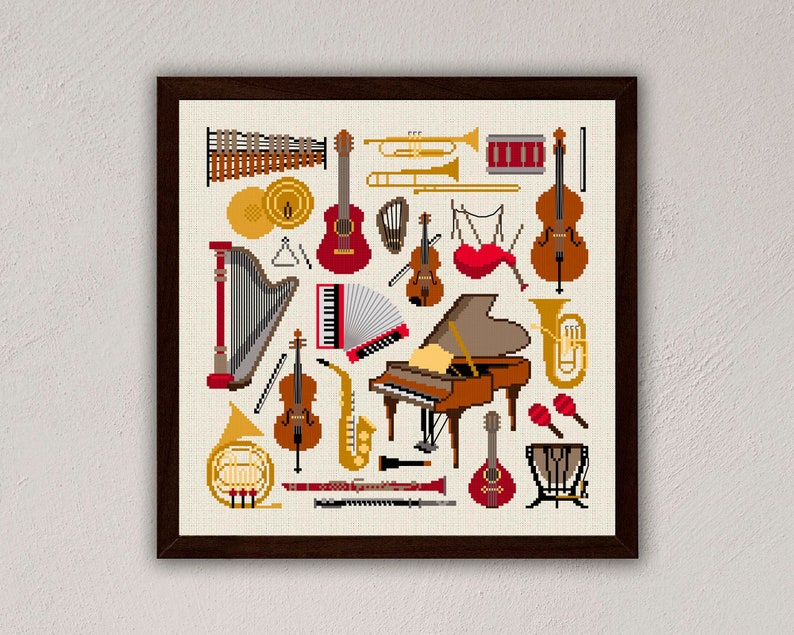 Musical Instruments Cross Stitch Pattern: Orchestra Band Decor (PDF ...