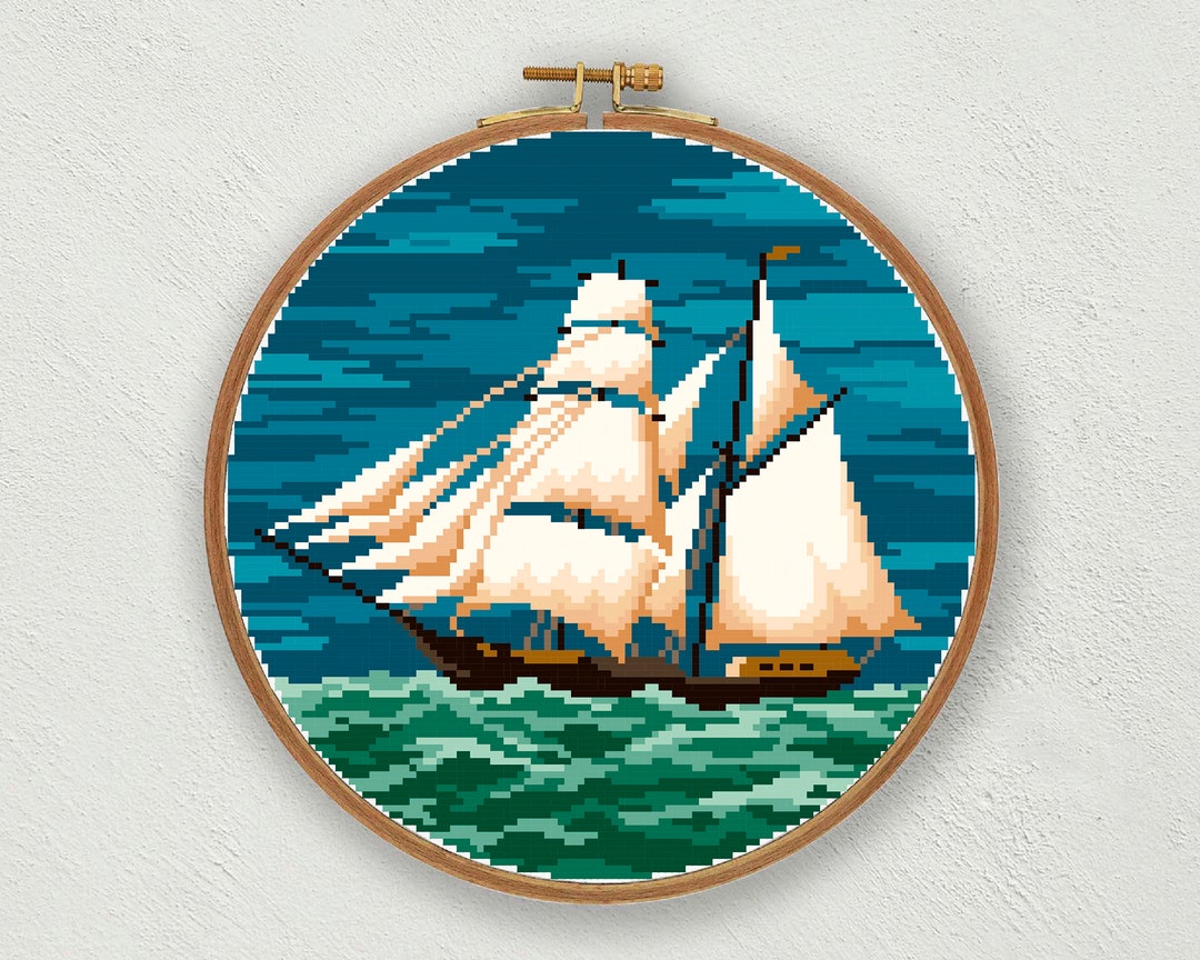 Sailboat Cross Stitch Pattern, Sea Landscape Cross Stitch Chart ...