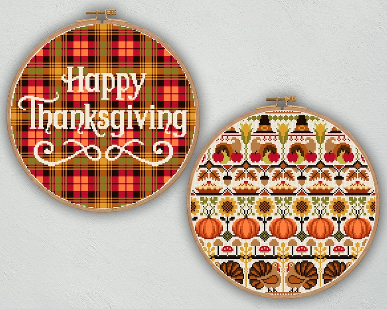 Thanksgiving Cross Stitch Pattern Set: Plaid & Harvest Decor (PDF ...
