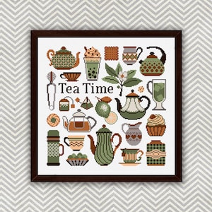 Tea Time Cross Stitch Pattern, Tea Lovers Home Decor, Kitchen Cross Stitch Pdf, Fall Cross ...