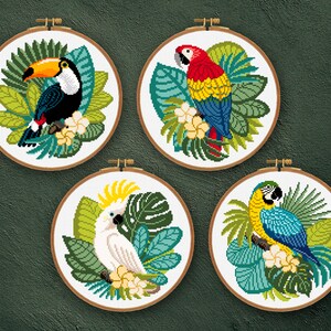 Set of Tropical Birds Cross Stitch Pattern, Exotic Bird Cross Stitch, Toucan, Macaw, Parrot ...