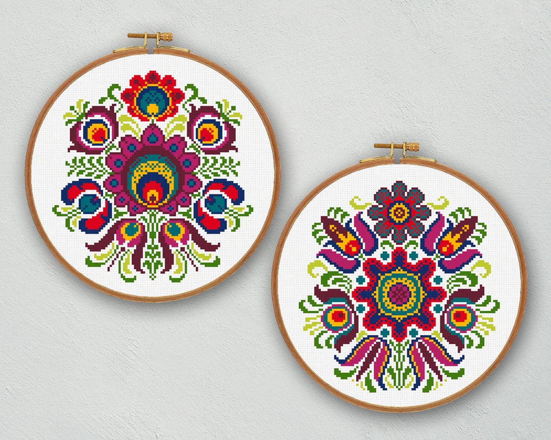 Set of Floral Folk Cross Stitch Patterns, Modern Folk Floral Cross ...
