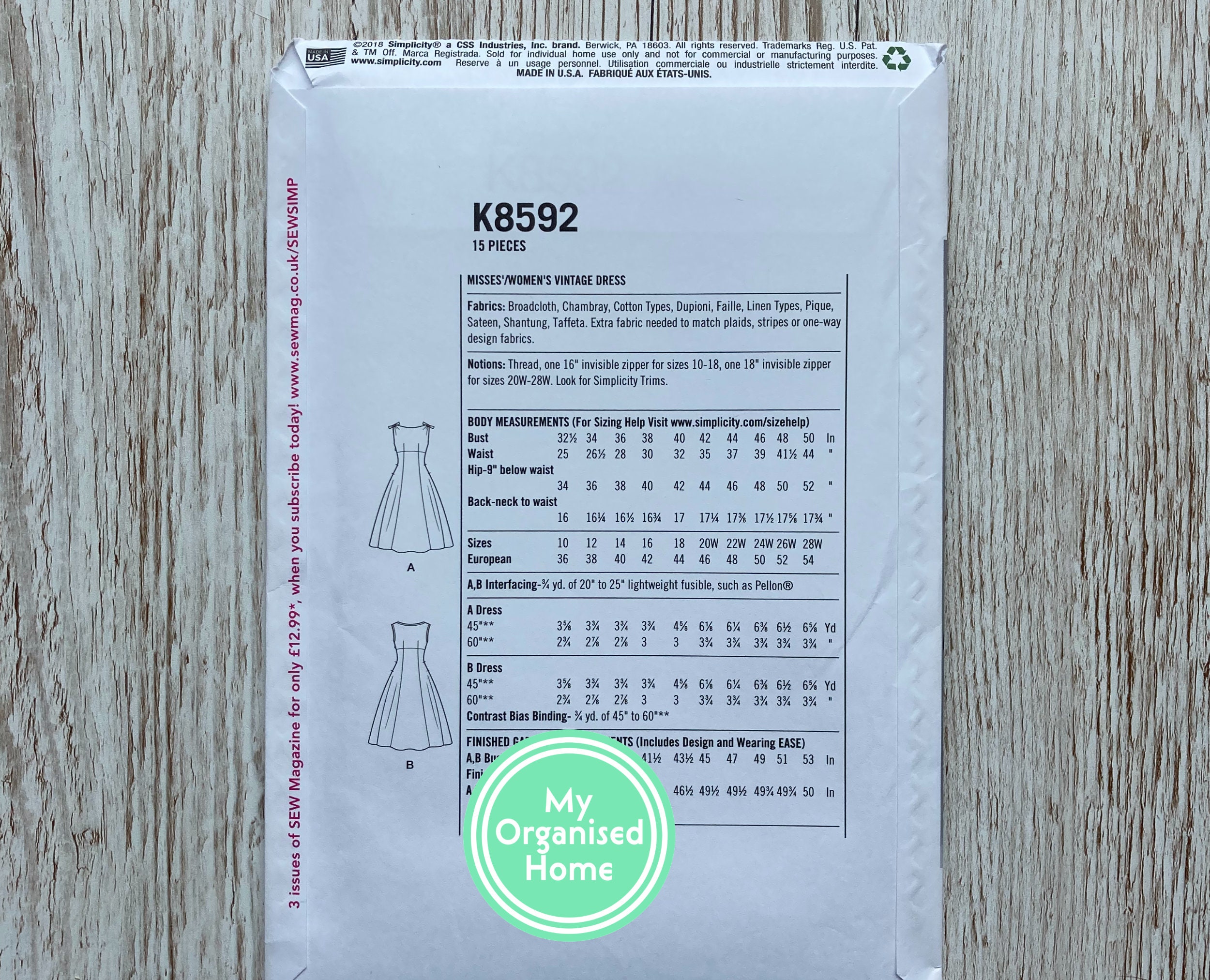 Simplicity 8592 Sewing Pattern, Sizes 10-18, Misses Dresses, Retro ...