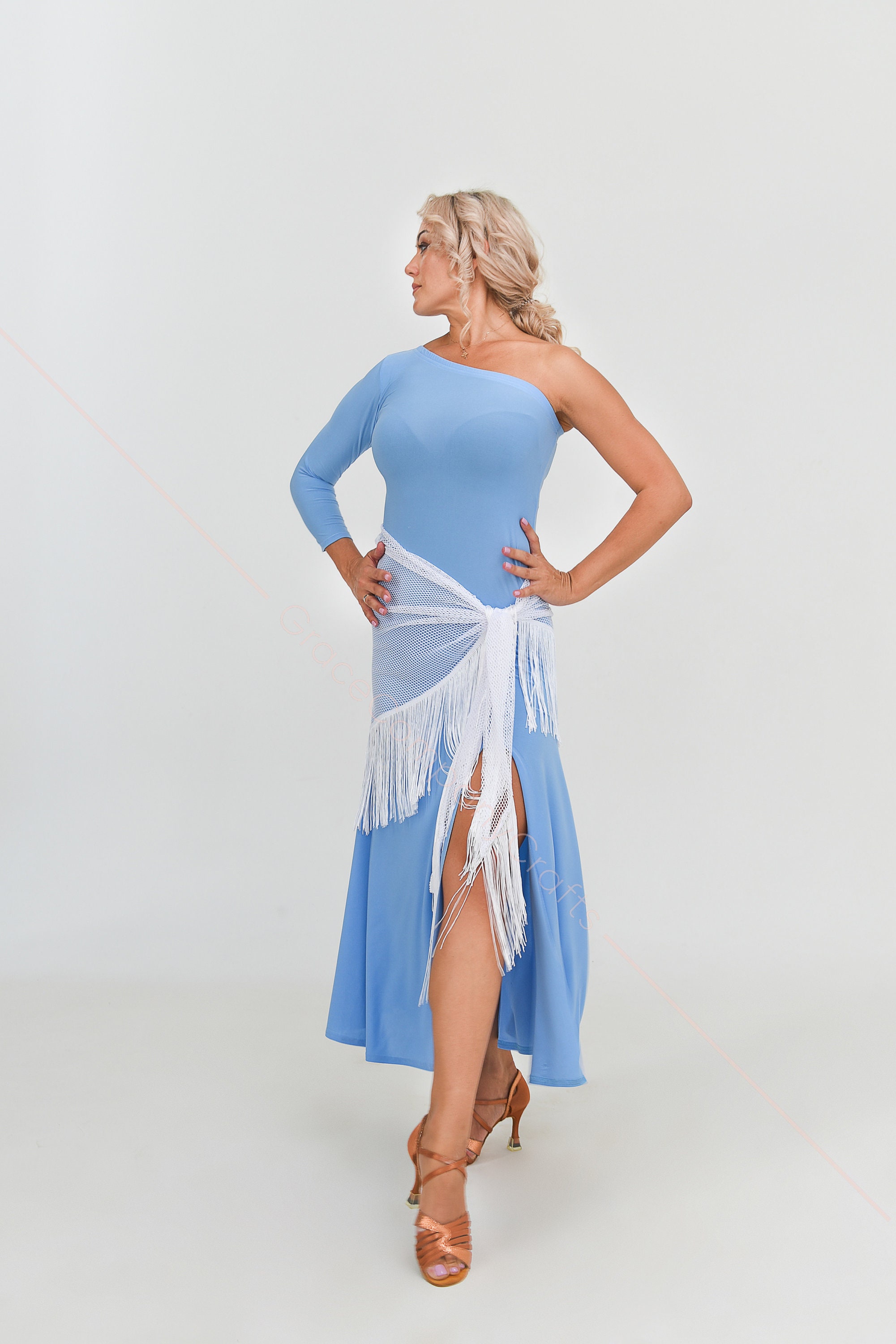 Light Blue Tango Dress With a High Slit. One Shoulder Dance | Etsy