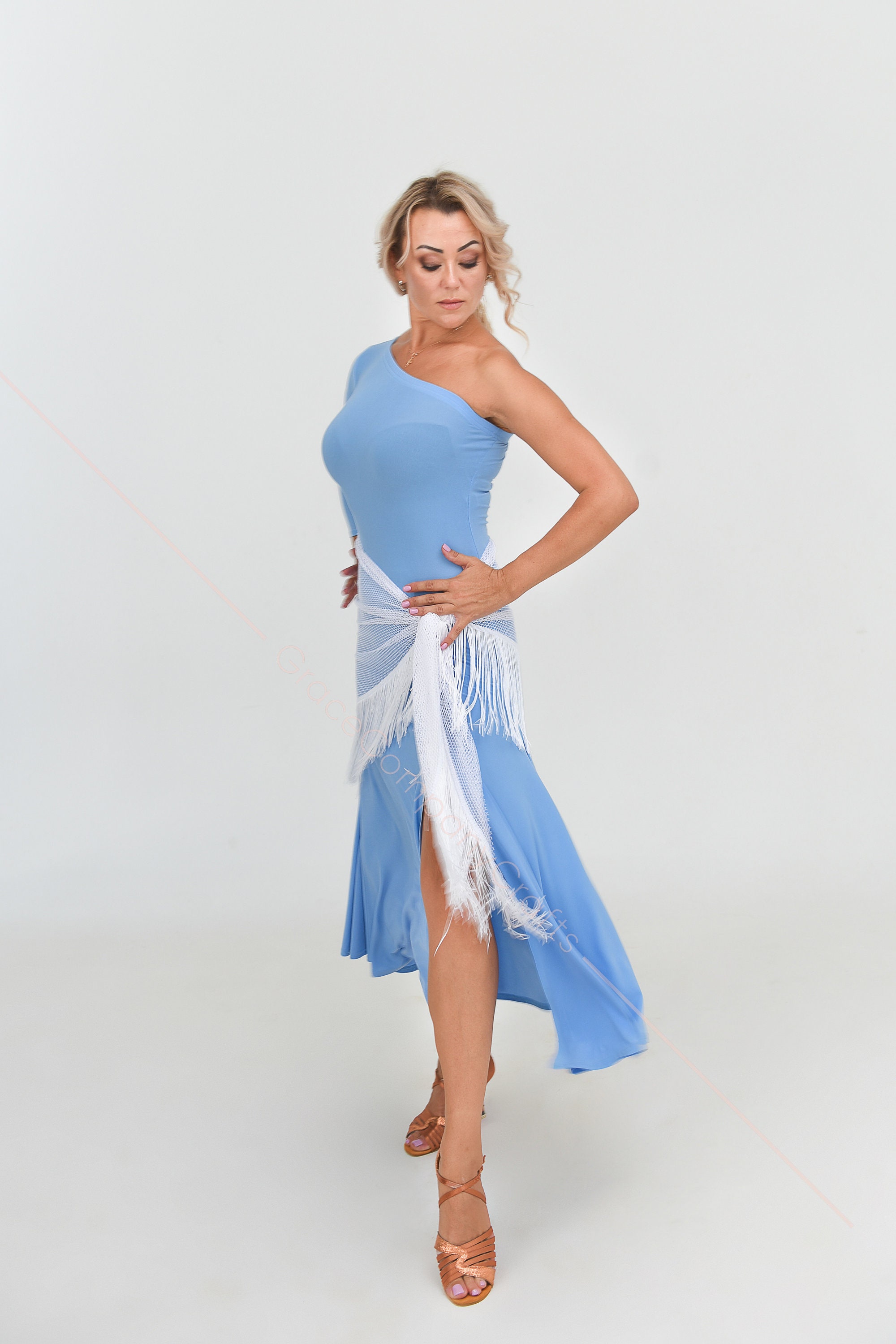 Light Blue Tango Dress With a High Slit. One Shoulder Dance | Etsy