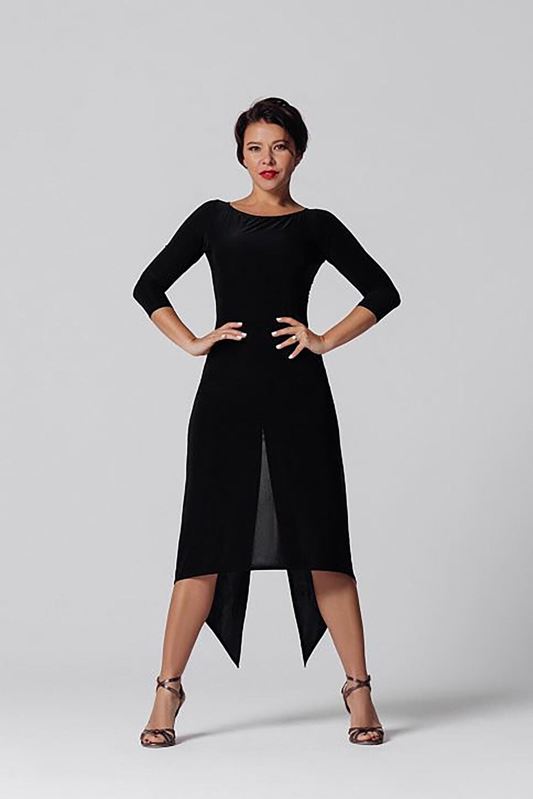 Black Tango Dress With a High Slit. Dance Dress With 3/4 Sleeves and ...