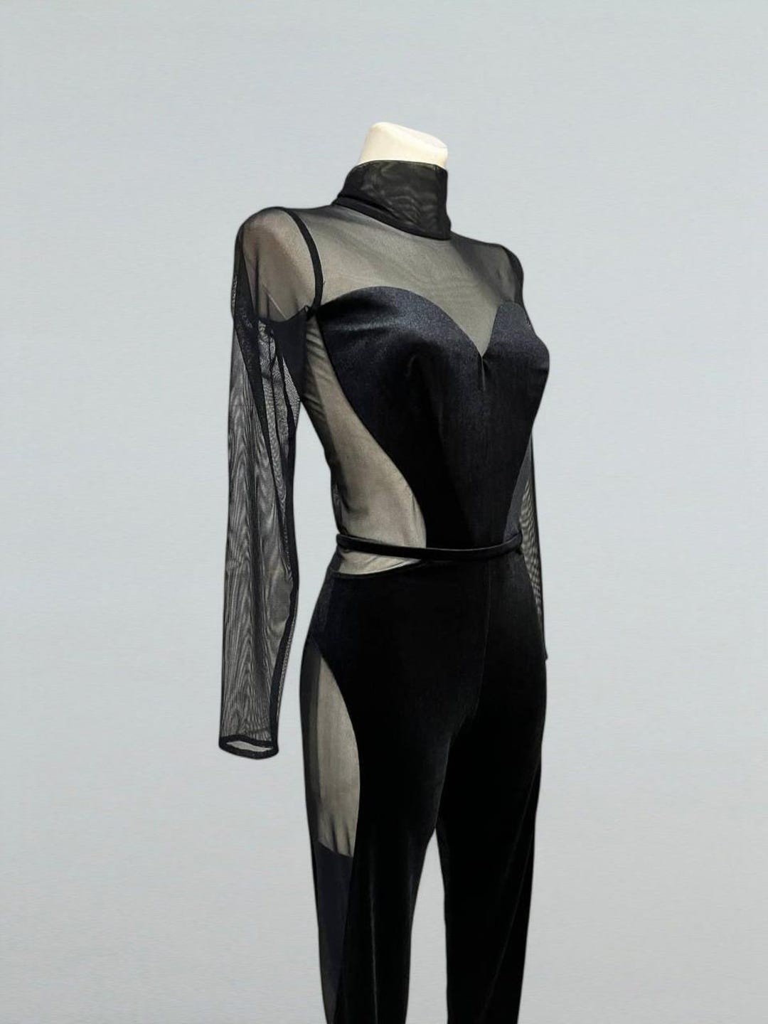 Black Mesh and Velvet Dance Jumpsuit With Sheer Panels - Etsy