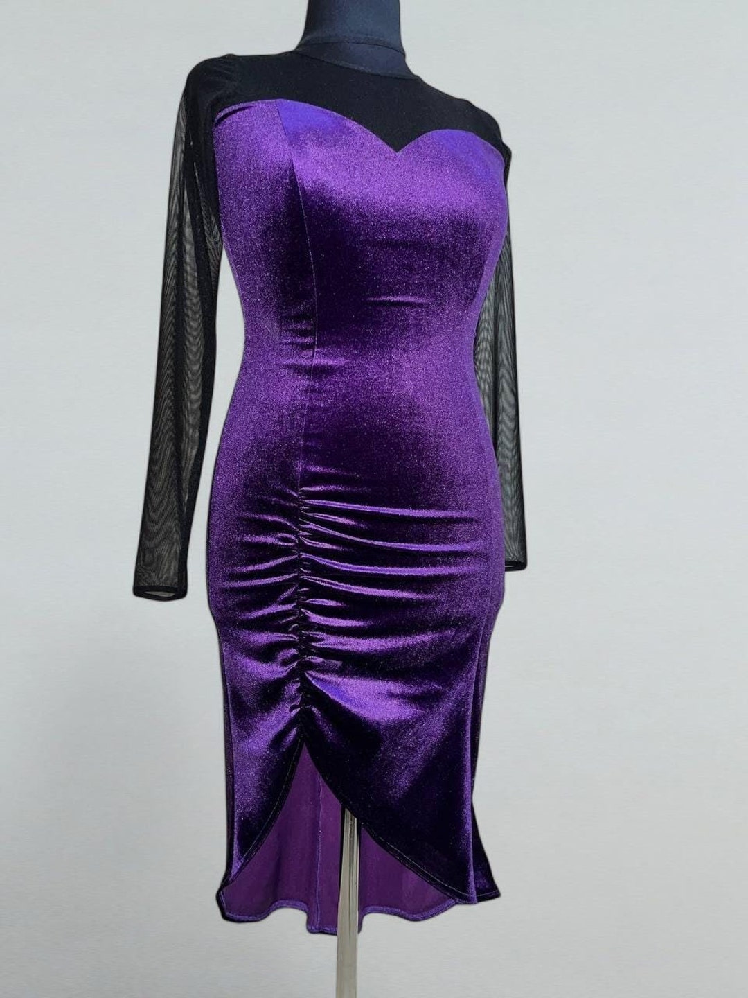 Velvet Purple Dance Dress With Mesh Sleeves and Draped Detail - Etsy