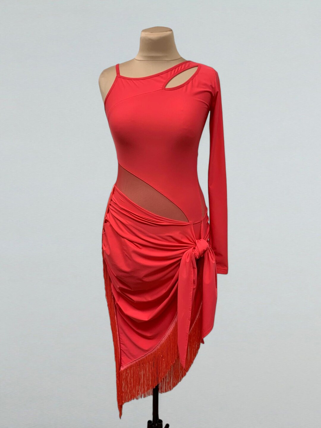 Coral Asymmetric Latin Dance Dress With Fringe | One-sleeve, Mesh Waist ...