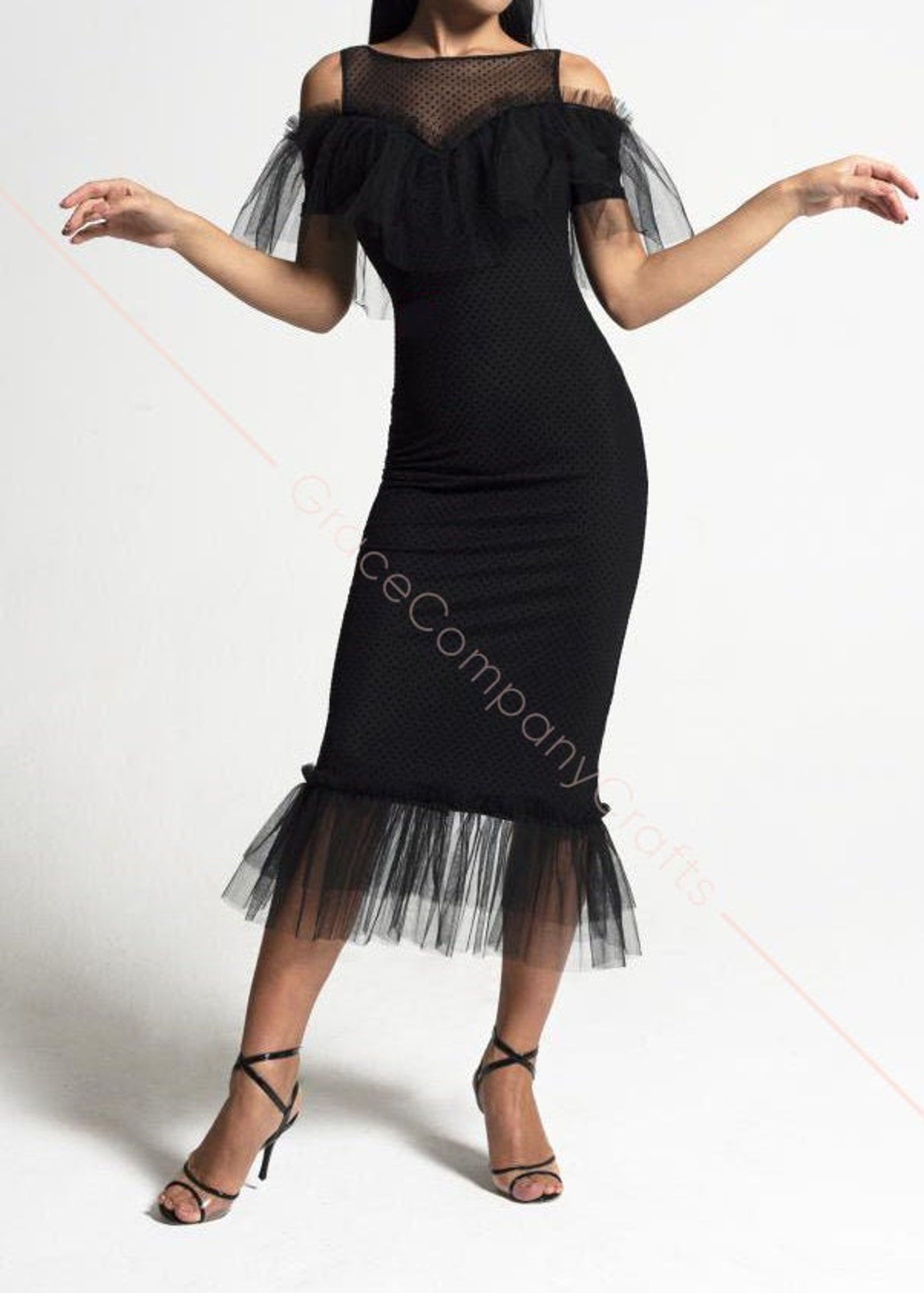 Dance Dress With Tulle. Tango Dress With Polka Dot Mesh. Black Midi ...