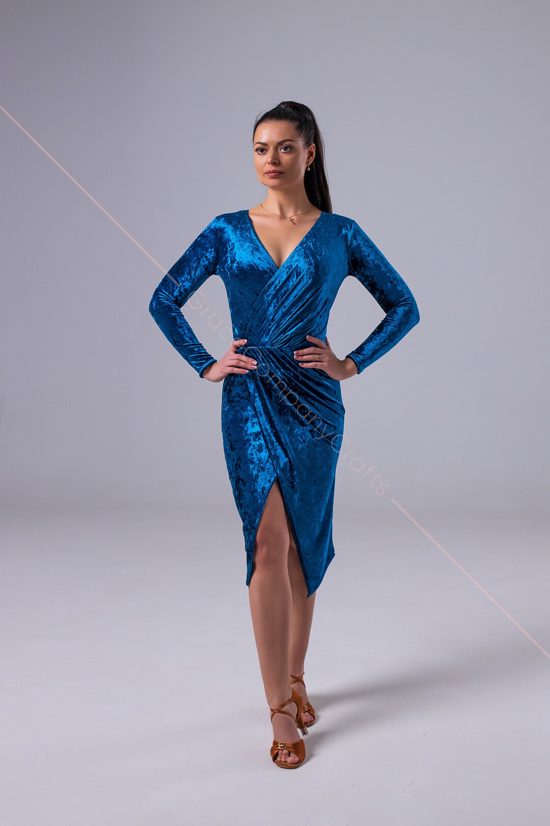 Blue Velvet Tango Dress. Long Sleeve Velvet Wrap Dress - Etsy
