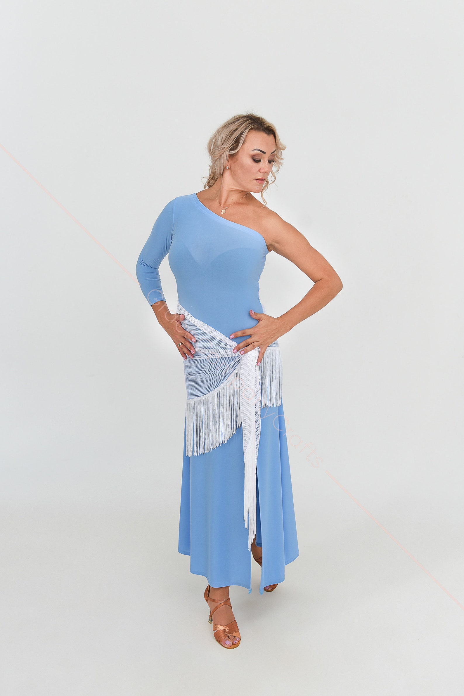 Light Blue Tango Dress With a High Slit. One Shoulder Dance | Etsy