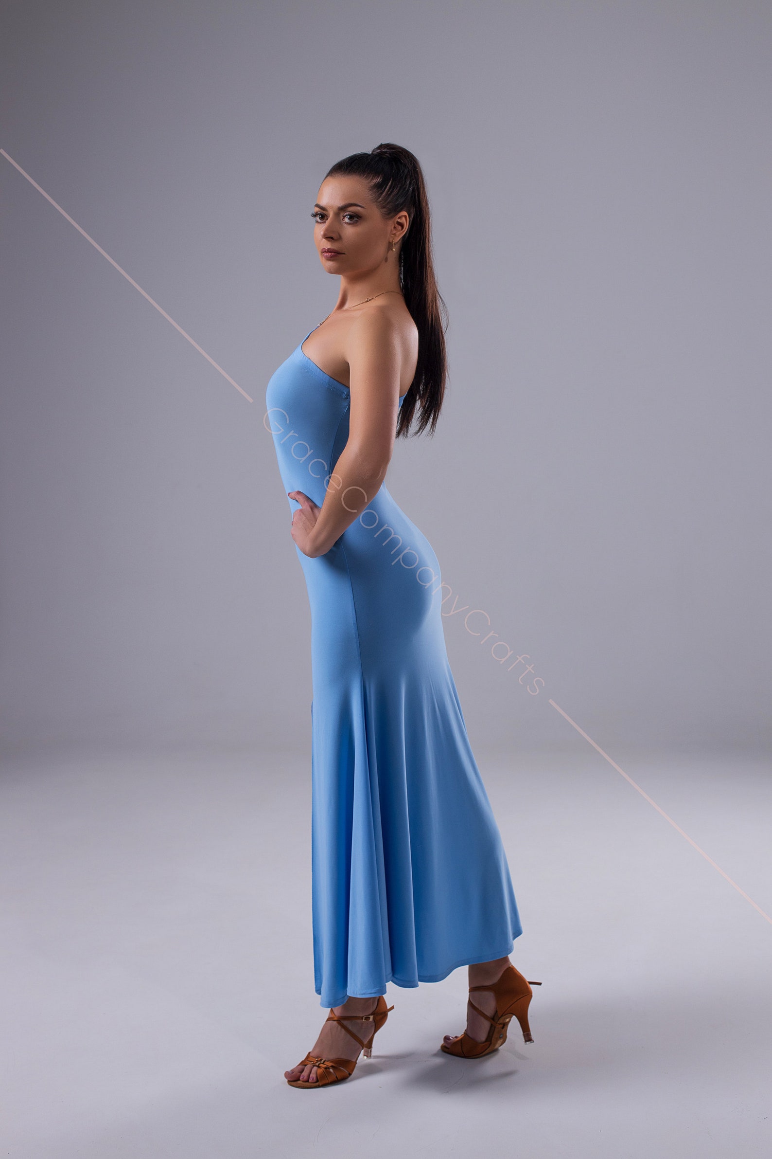 Light Blue Tango Dress With a High Slit. One Shoulder Dance - Etsy