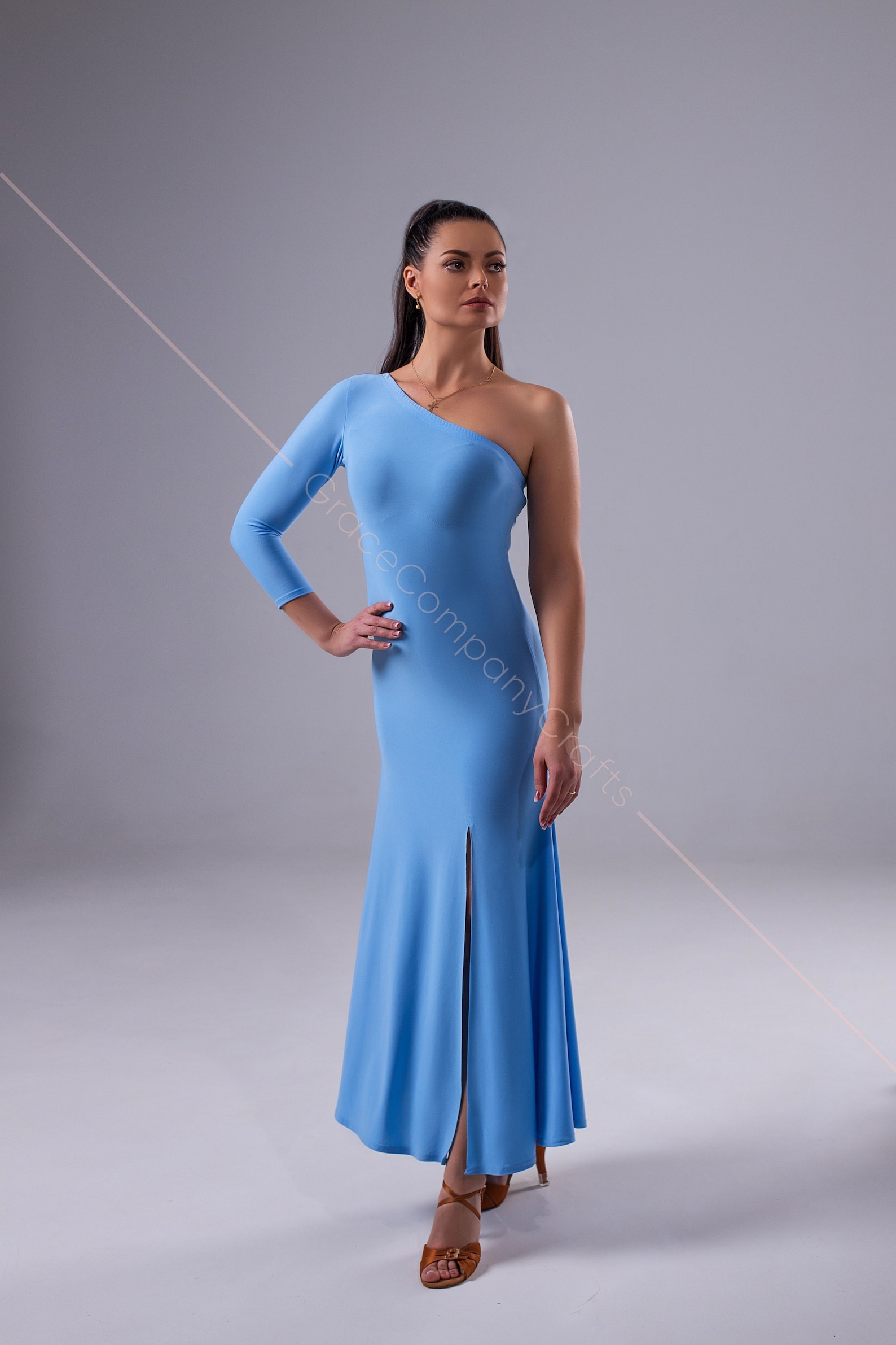 Light Blue Tango Dress With a High Slit. One Shoulder Dance - Etsy