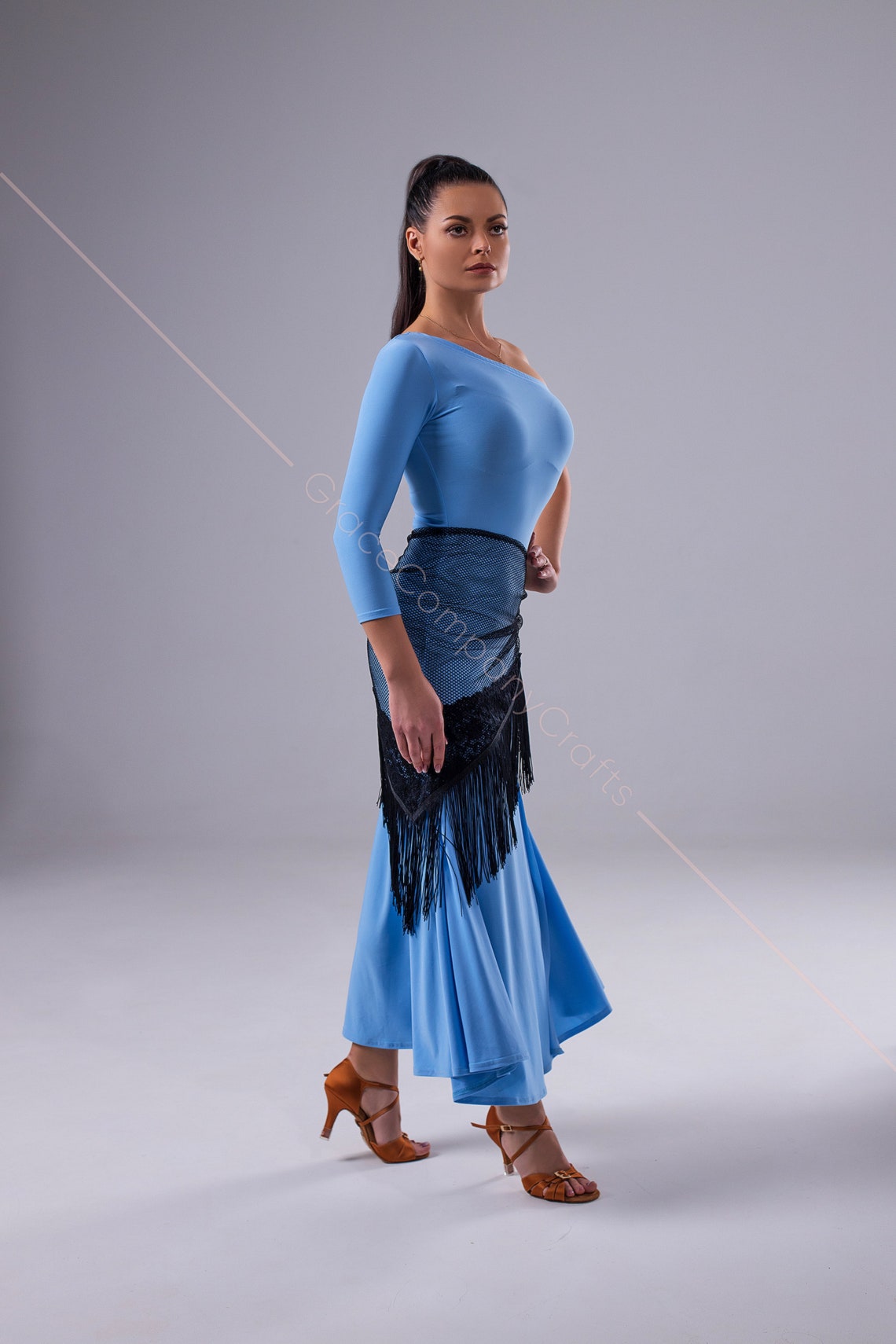 Light Blue Tango Dress With a High Slit. One Shoulder Dance - Etsy