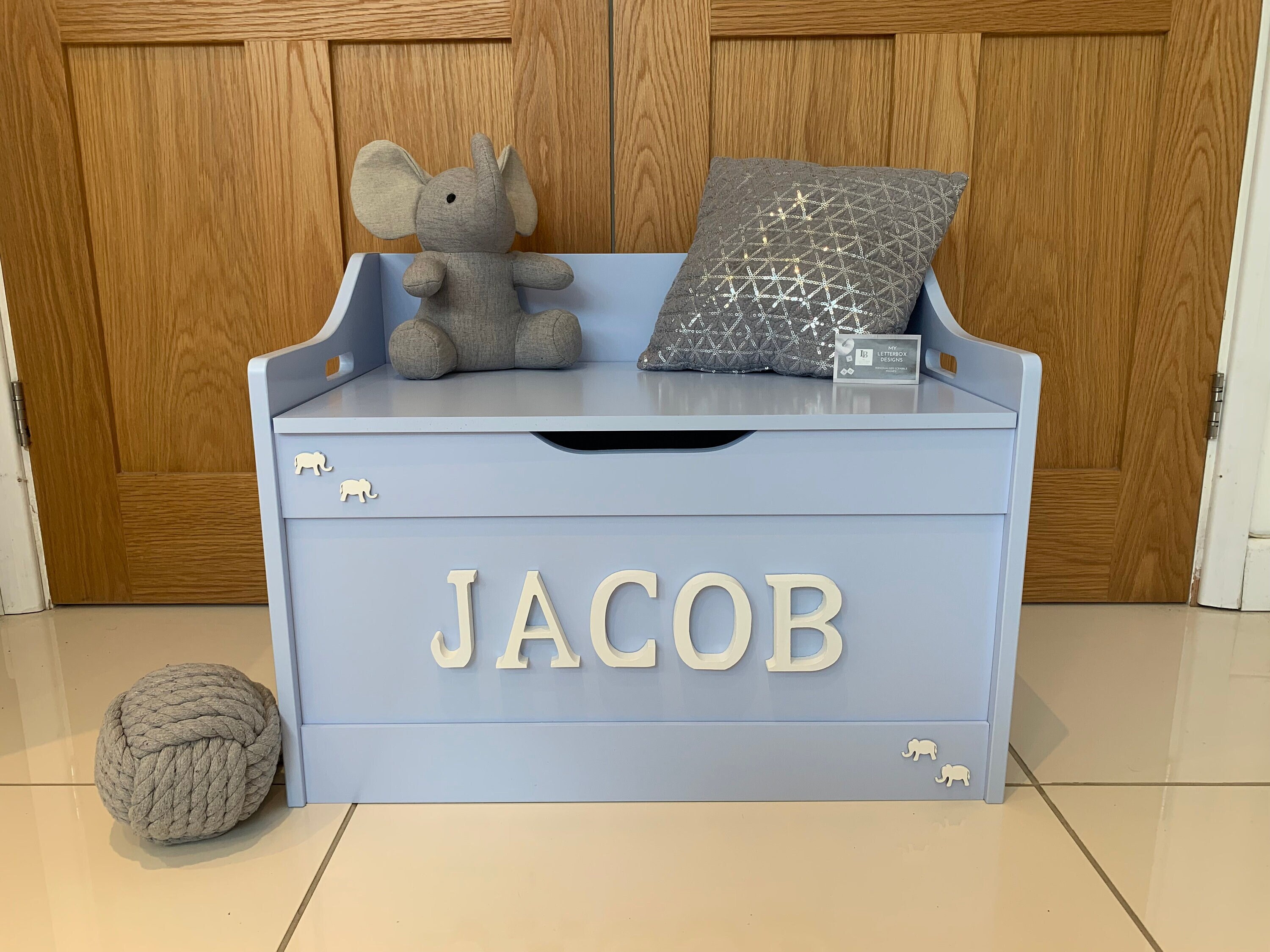 Soft Close Personalised Baby Blue Wooden Toy Box Perfect