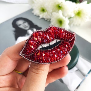Lips Brooch Pin / Biting Lip Beaded Brooch / Women's Day Gift for Her / Quirky Red Lips / Make ...