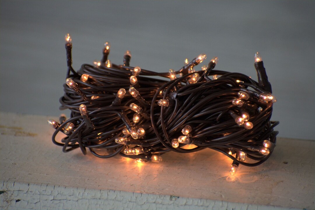 50 Primitive White Teeny Lights On 11 Ft Brown Cord Indoor Etsy 