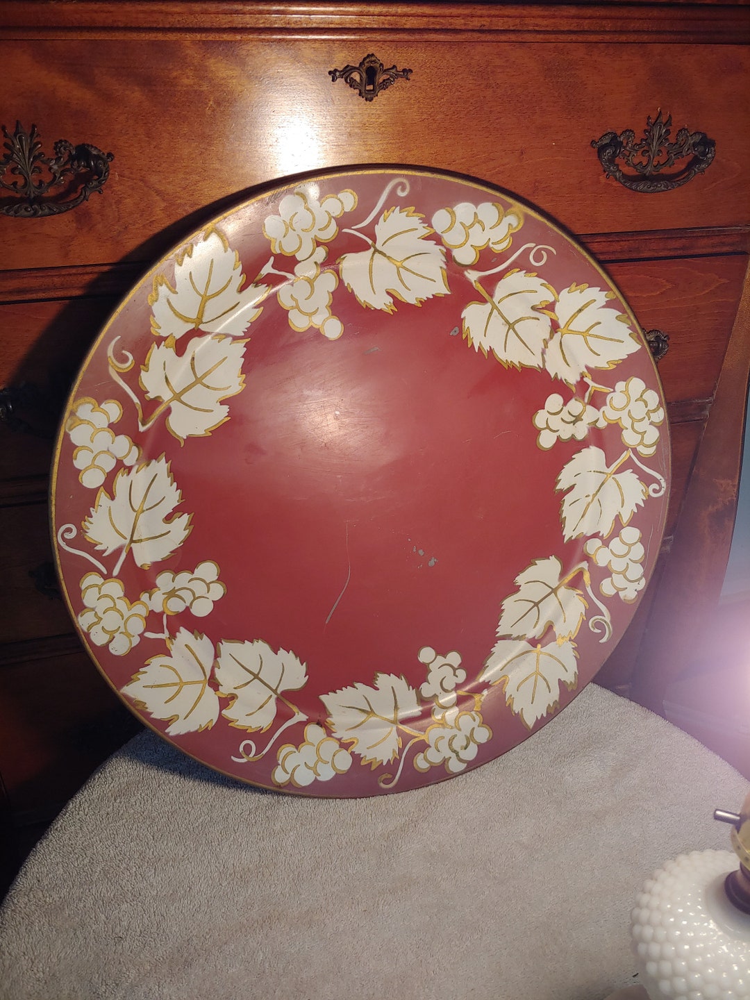 Vintage Round Metal Mid Century Tray Wedgwood Tole Painted English ...