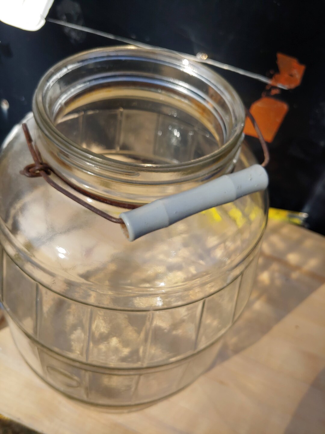 Antique Glass Barrel Pickle Jar With Bail Handle Large Primitive Jug ...