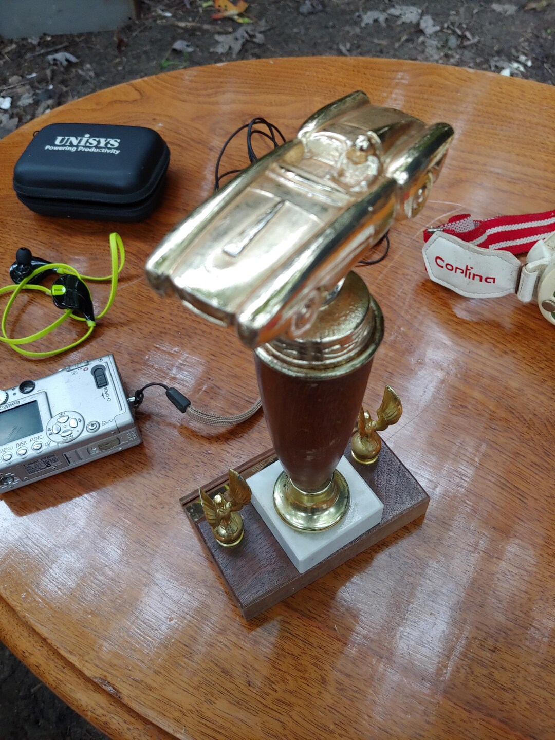 Vintage 1960s Race Car Trophy Teak and Brass Sports Car Antique Mantle ...