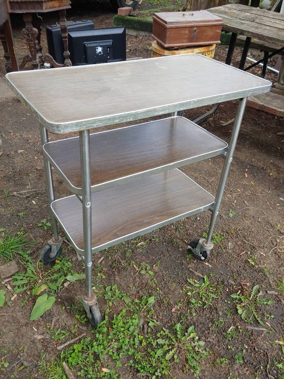 Vintage stainless steel wood hospital table 3 tier woodgrain | Etsy