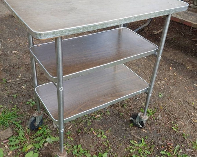 Vintage Stainless Steel Wood Hospital Table 3 Tier Woodgrain Mid ...