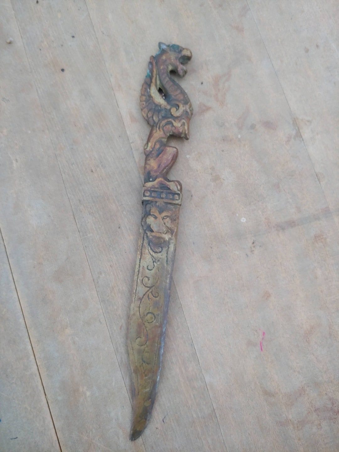 BRONZE CAPRICORN DRAGON Lions Head Bronze Dagger Letter Opener Antique ...