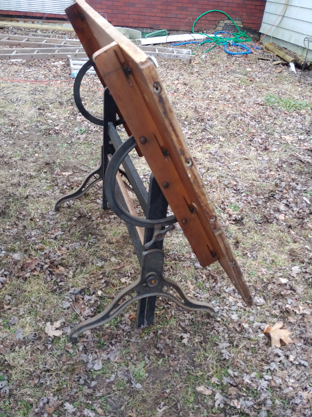 Antique Hamilton Drafting Table Cast Iron Leg Adjustable Height Wood ...