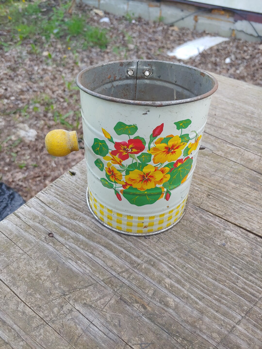 Vintage Metal Flour Sifter With Hand Crank, Flower Design, Farmhouse ...