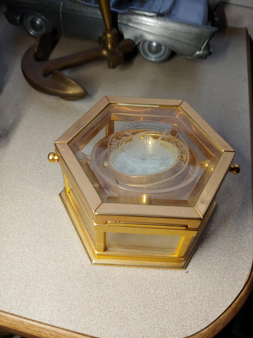 Vintage Howard Miller Glass Brass Franke Swivel Hexagon Desk Clock ...