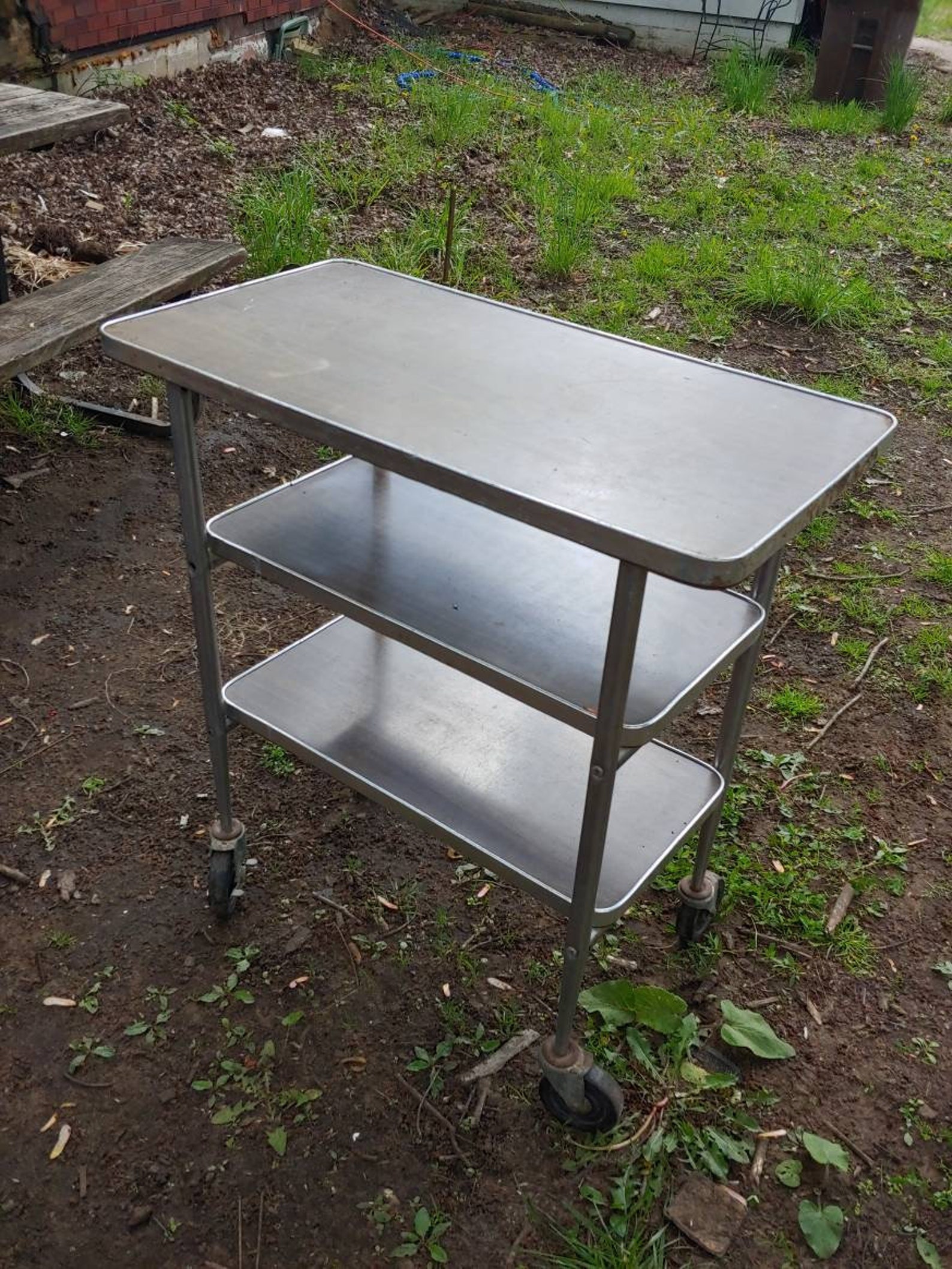 Vintage stainless steel wood hospital table 3 tier woodgrain | Etsy