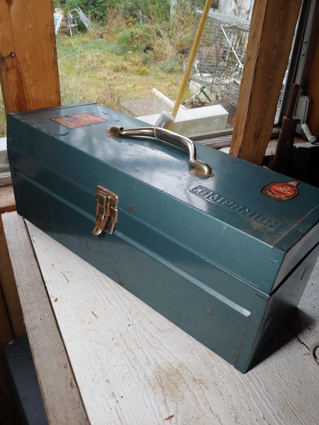 Vintage Blue Metal Toolbox / Tackle Box Square Lid With Carry Insert ...