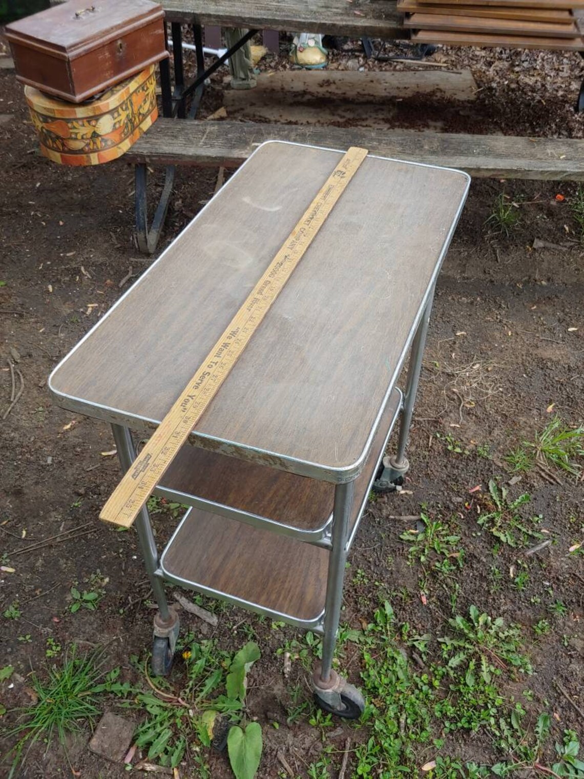 Vintage stainless steel wood hospital table 3 tier woodgrain | Etsy