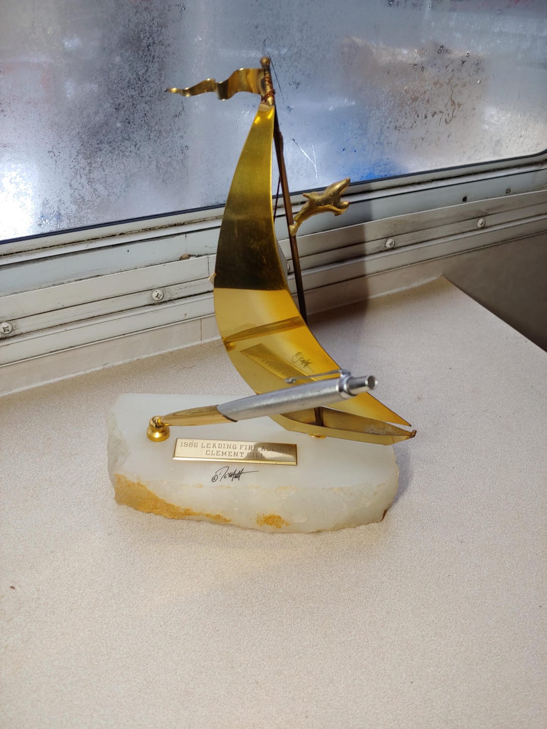 Vintage Don Demott Signed Brass Sailboat Pen Holder Mounted on Onyx ...