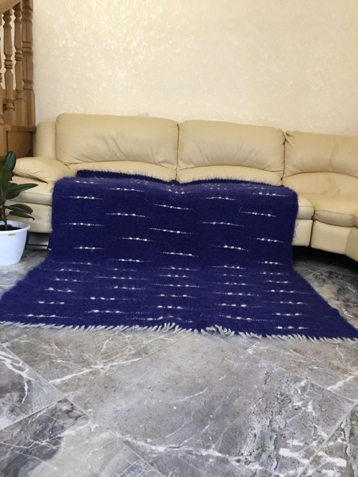 Royal Blue Wool Blanket Throw Queen Size, Modern Chunky Winter ...