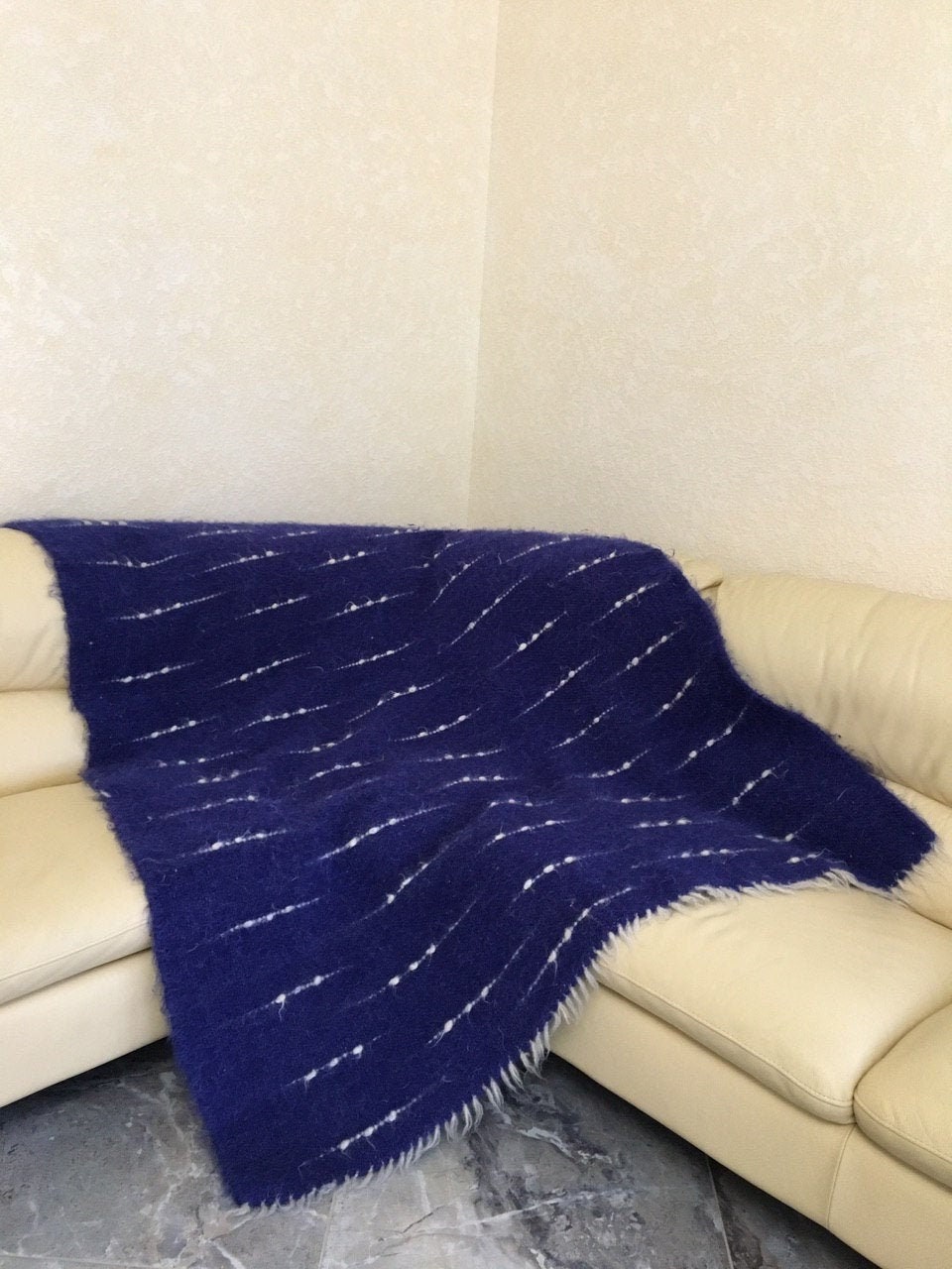 Royal Blue Wool Blanket Throw Queen Size, Modern Chunky Winter ...