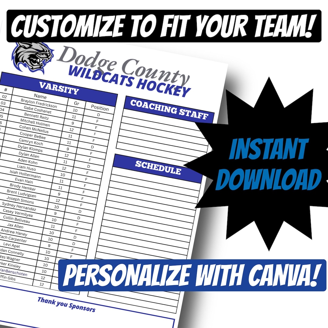 Hockey Roster Flyer Template: Customizable Team Sheet (canva Digital ...