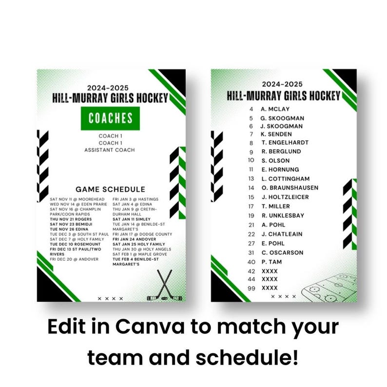 Girls Hockey Roster Card Template: Canva Customizable (digital Download ...