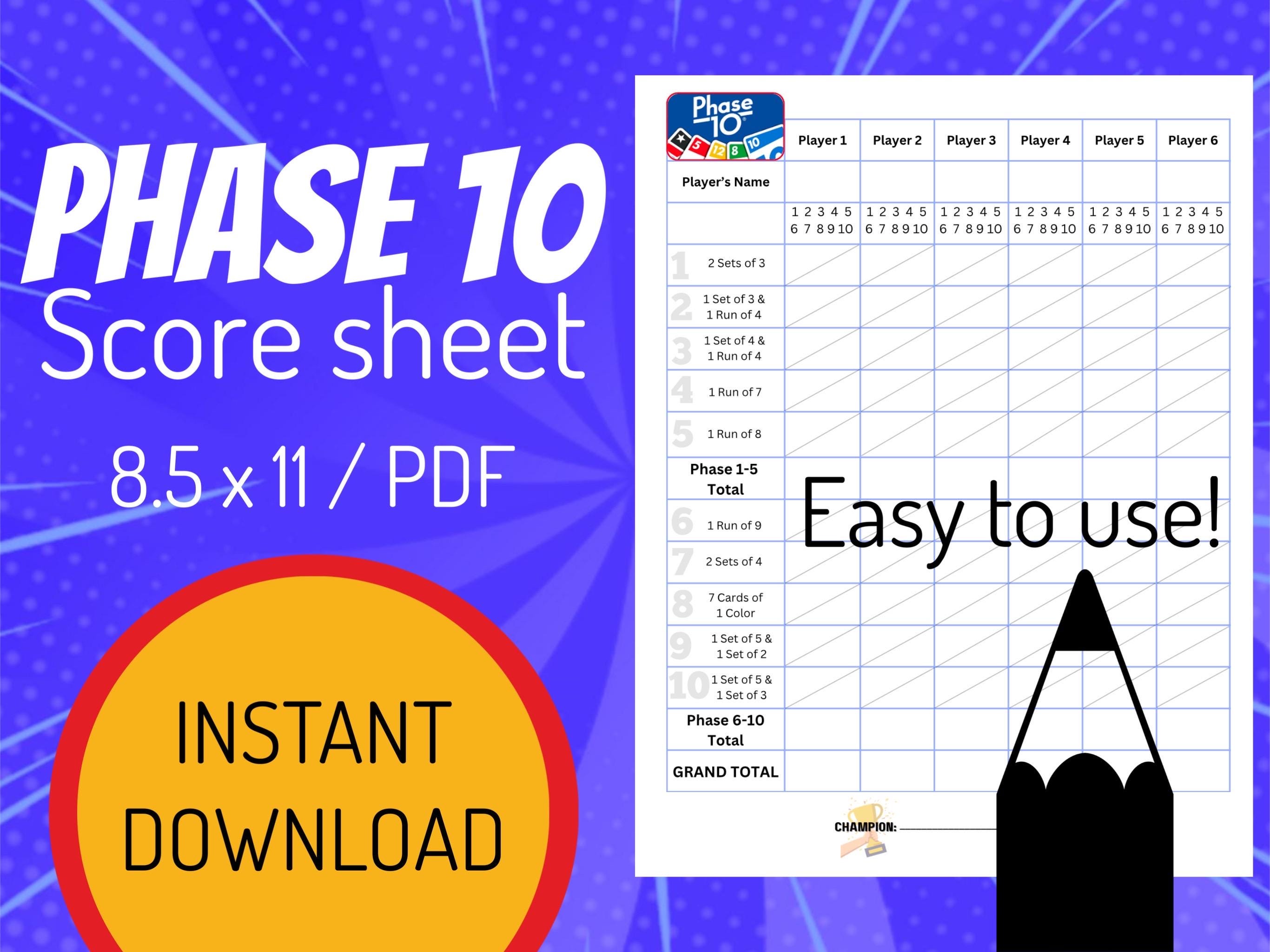 Phase 10 Scorecard: Printable PDF Score Sheet (8.5 X 11) - Etsy