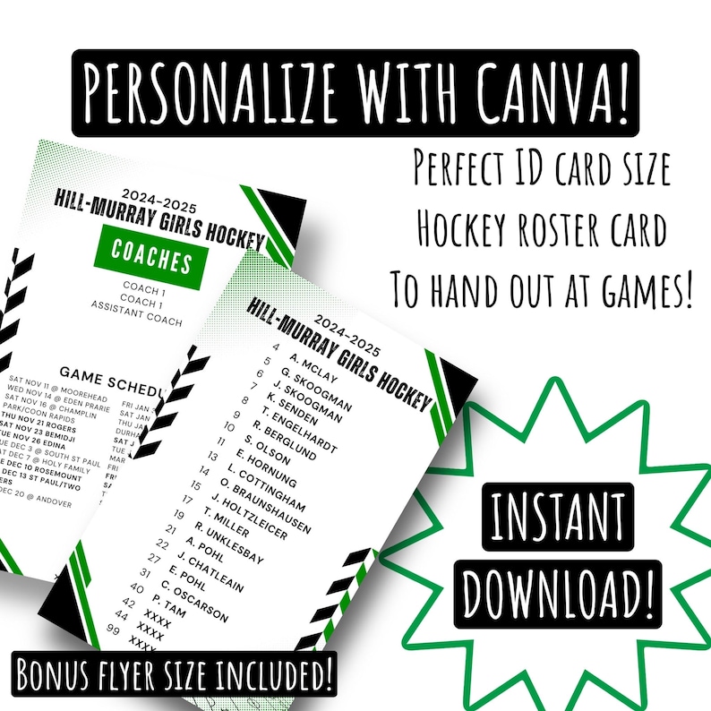 Girls Hockey Roster Card Template: Canva Customizable (digital Download ...