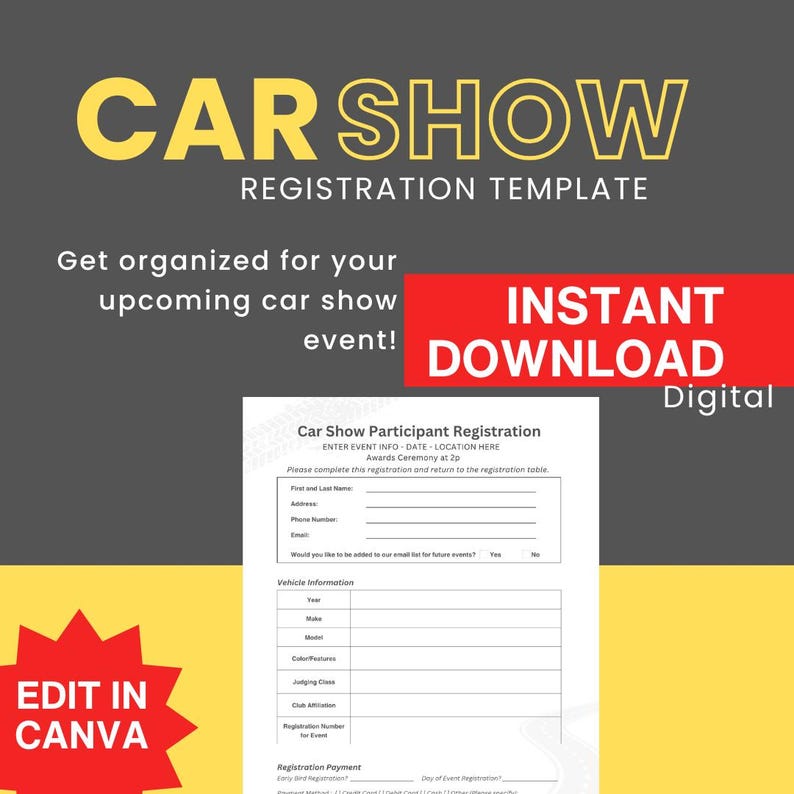 Car Show Registration Sheet: Customizable Automotive Event Printable ...