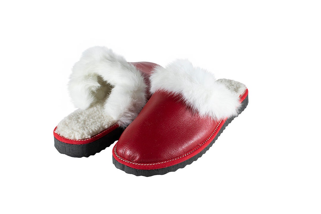 Fur Sheepskin Leather Slippers Red for Women • Cozy Warm House Wool ...