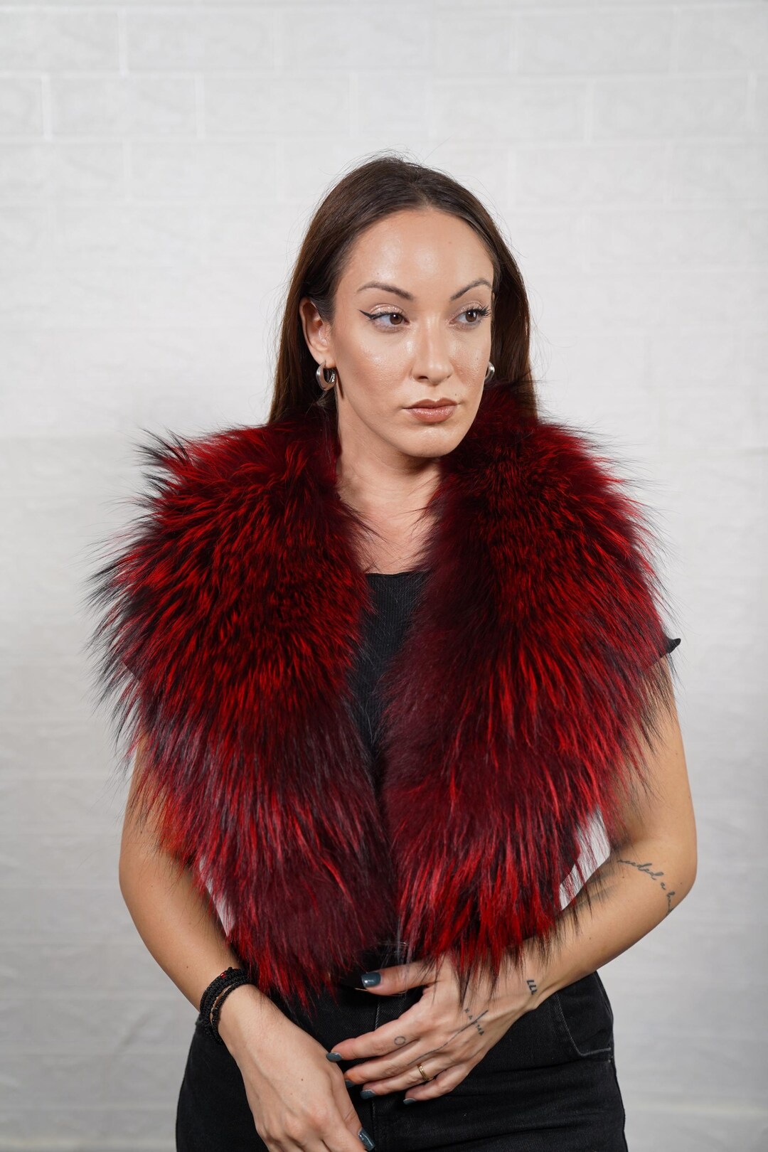 Fluffy Warm Black Red Fox Fur Collar Scarf, Handmade Luxury Fur Wrap ...