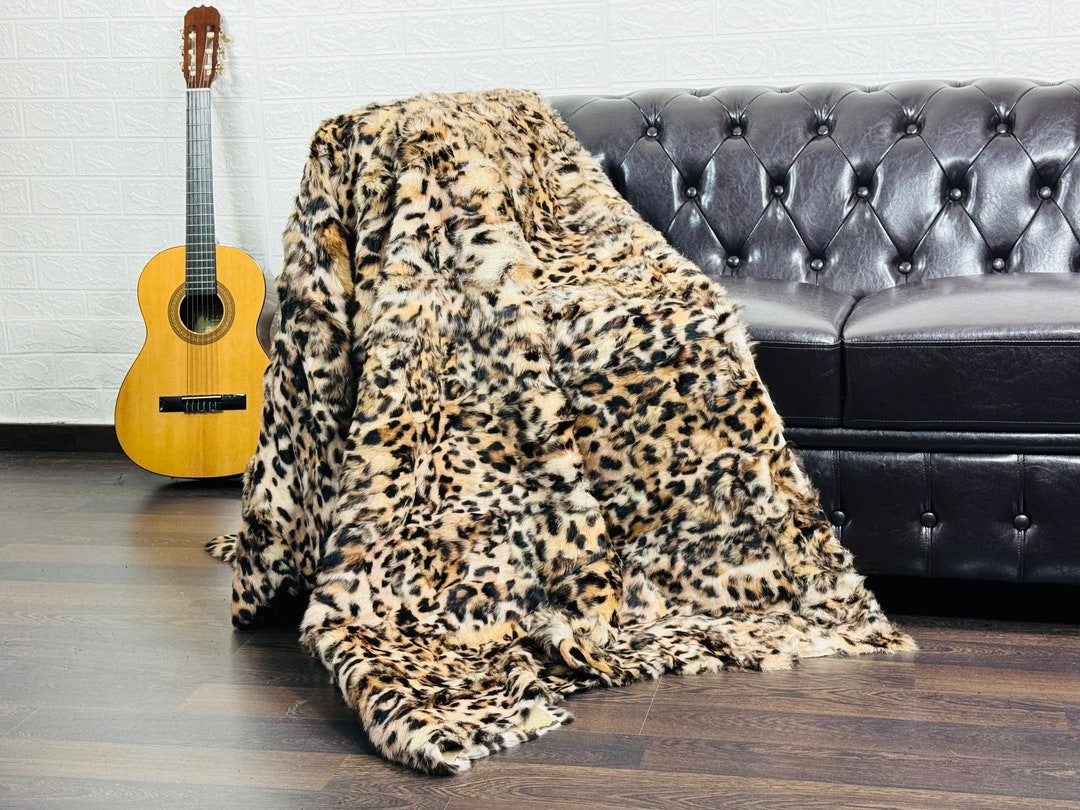 EXCLUSIVE Real RABBIT FUR Throw Leopard Print • Large Area Rug • Rabbit ...